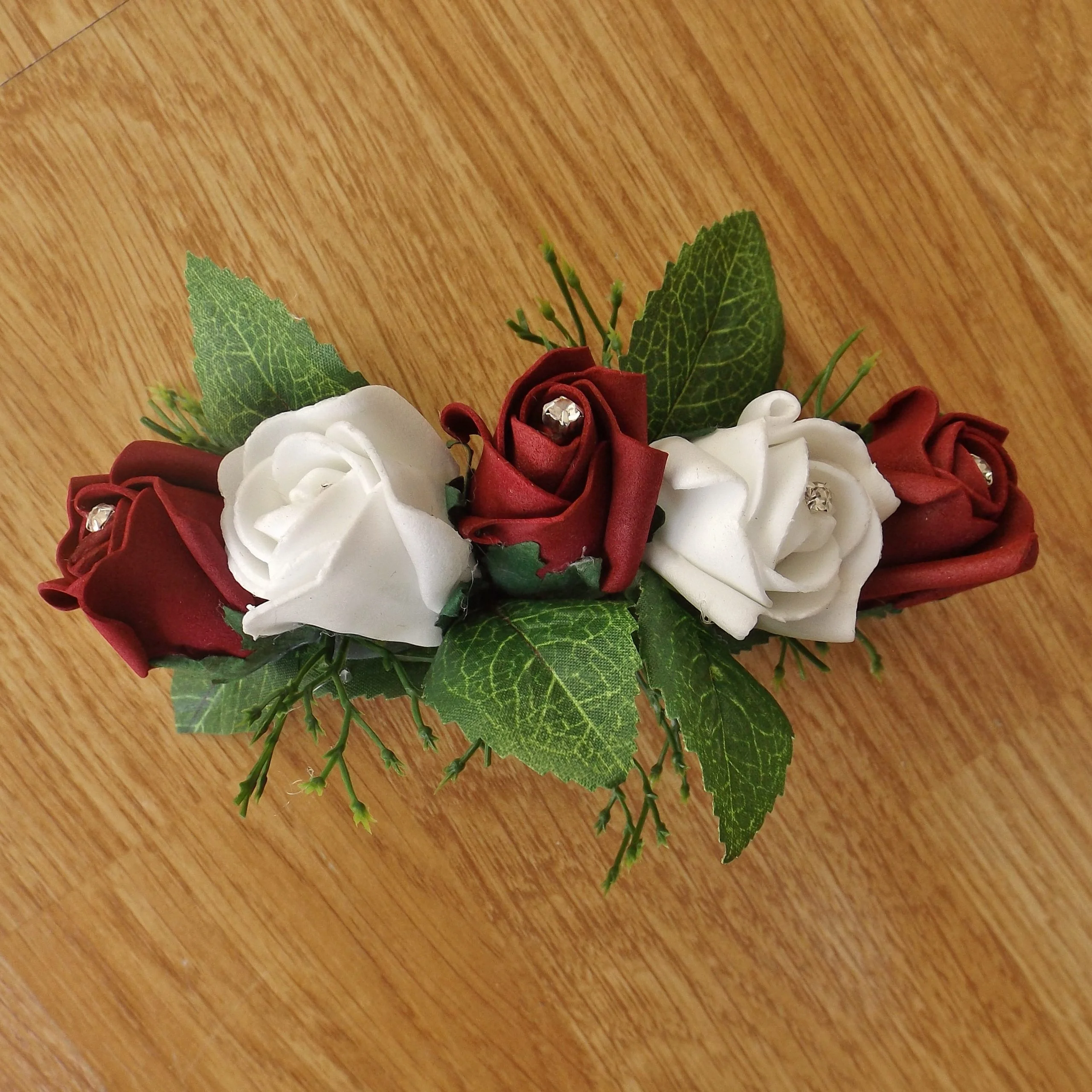 Burgundy White Rose Hair Clip